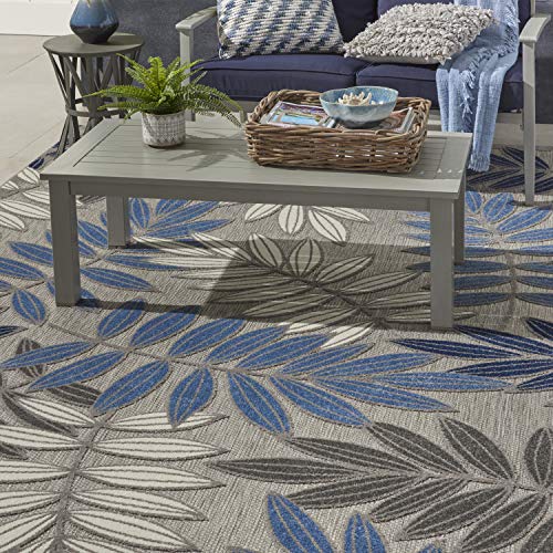 Nourison Aloha Indoor/Outdoor Grey/Blue 7'10" x 10'6" Area Rug, Easy Cleaning, Non Shedding, Bed Room, Living Room, Dining Room, Backyard, Deck, Patio (8x11)