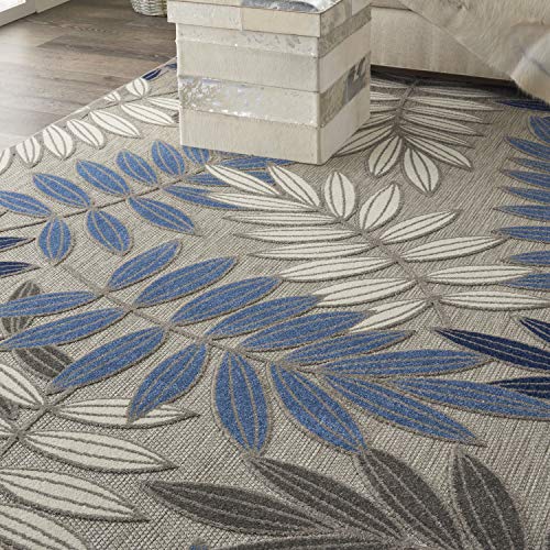 Nourison Aloha Indoor/Outdoor Grey/Blue 7'10" x 10'6" Area Rug, Easy Cleaning, Non Shedding, Bed Room, Living Room, Dining Room, Backyard, Deck, Patio (8x11)