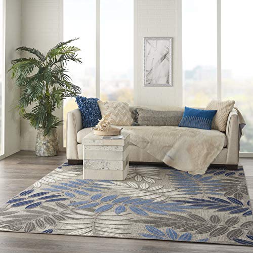 Nourison Aloha Indoor/Outdoor Grey/Blue 7'10" x 10'6" Area Rug, Easy Cleaning, Non Shedding, Bed Room, Living Room, Dining Room, Backyard, Deck, Patio (8x11)