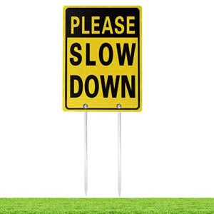 kichwit double sided aluminum please slow down sign reflective metal sign with stakes, sign measures 11.8" x 15.8", 14" long metal stakes included