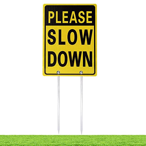 Kichwit Double Sided Aluminum Please Slow Down Sign Reflective Metal Sign with Stakes, Sign Measures 11.8" x 15.8", 14" Long Metal Stakes Included