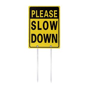 Kichwit Double Sided Aluminum Please Slow Down Sign Reflective Metal Sign with Stakes, Sign Measures 11.8" x 15.8", 14" Long Metal Stakes Included