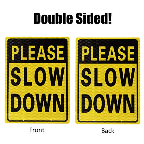 Kichwit Double Sided Aluminum Please Slow Down Sign Reflective Metal Sign with Stakes, Sign Measures 11.8" x 15.8", 14" Long Metal Stakes Included