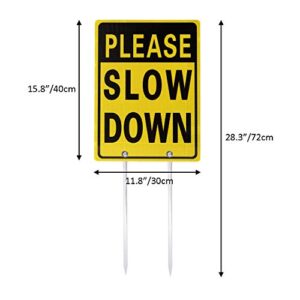 Kichwit Double Sided Aluminum Please Slow Down Sign Reflective Metal Sign with Stakes, Sign Measures 11.8" x 15.8", 14" Long Metal Stakes Included