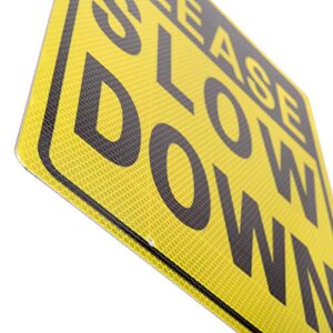 Kichwit Double Sided Aluminum Please Slow Down Sign Reflective Metal Sign with Stakes, Sign Measures 11.8" x 15.8", 14" Long Metal Stakes Included