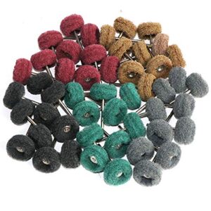 fppo abrasive buffing polishing wheel set for rotary tool,mini scouring pad brush polishing kit, removal of rust,deburring on metal surface,with 3mm mandrel (mix50pcs)