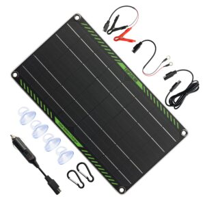 topsolar 10 watt 12 volt solar trickle charger 10w 12v solar panel car battery charger portable solar battery maintainer for car motorcycle boat marine rv + cigarette lighter plug alligator clip