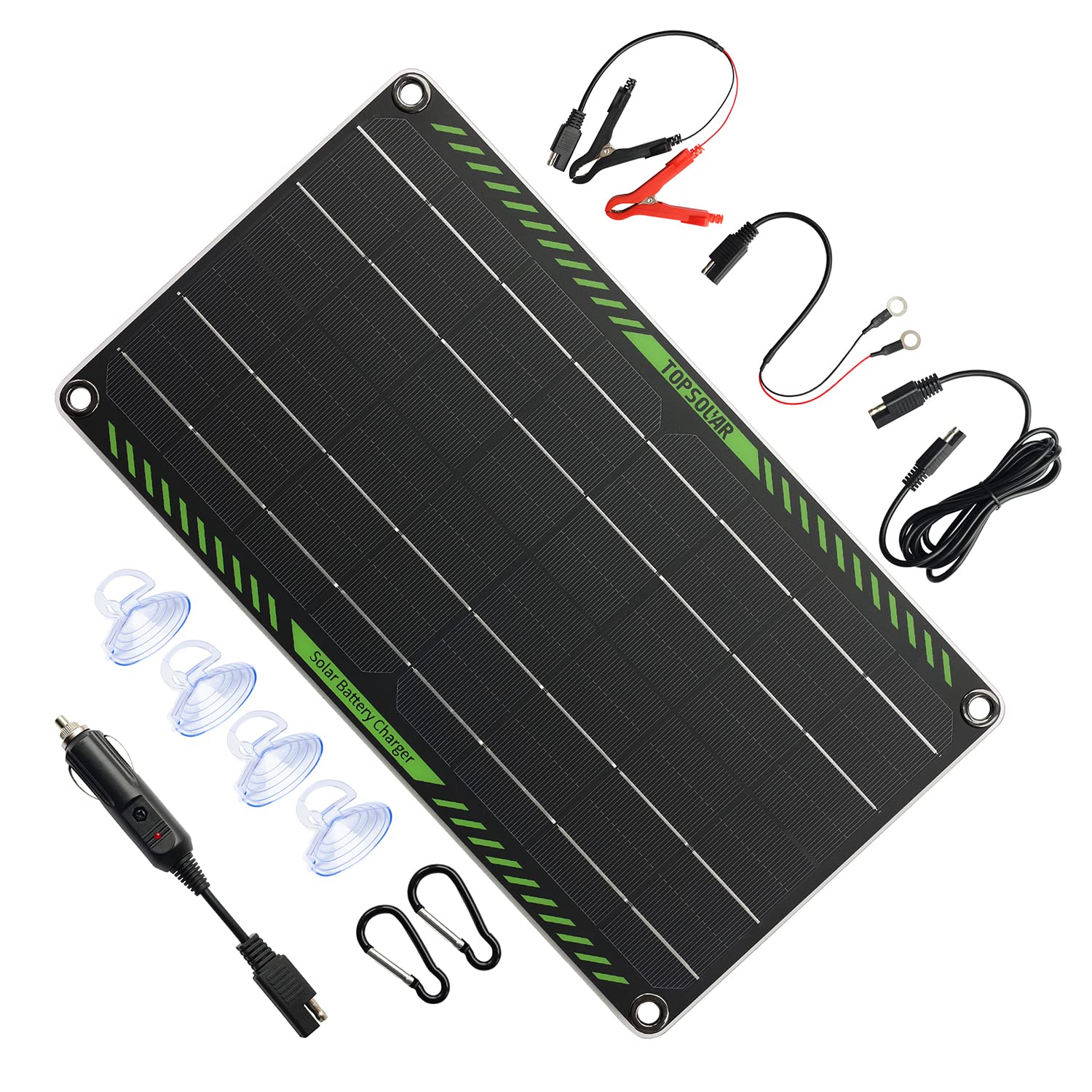 Topsolar 10 Watt 12 Volt Solar Trickle Charger 10W 12V Solar Panel Car Battery Charger Portable Solar Battery Maintainer for Car Motorcycle Boat Marine RV + Cigarette Lighter Plug Alligator Clip