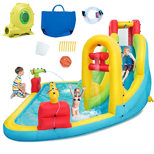 BOUNTECH Inflatable Water Slide, Mega Waterslide Park for Kids Backyard Family Fun with 480w Blower, Climbing, Water Basin, Blow up Water Slides Inflatables for Kids and Adults Outdoor Party Gifts