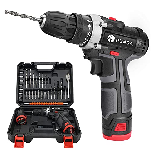 Cordless Drill Set,HUNDA Electric Drill 12.8V Portable Rechargeable Drill,Cordless Drill with Battery and Charger,30 Pcs Accessories,25+1 Clutch, 2/5" Keyless Chuck,2 Speeds,LED Light[Upgraded]