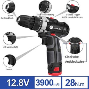 Cordless Drill Set,HUNDA Electric Drill 12.8V Portable Rechargeable Drill,Cordless Drill with Battery and Charger,30 Pcs Accessories,25+1 Clutch, 2/5" Keyless Chuck,2 Speeds,LED Light[Upgraded]