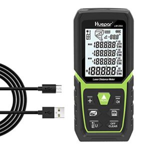 huepar laser distance meter 393ft with li-ion battery & electric angle sensor, backlit lcd laser measure m/in/ft with high accuracy multi-measurement modes, pythagorean, distance, area&volume-lm120a