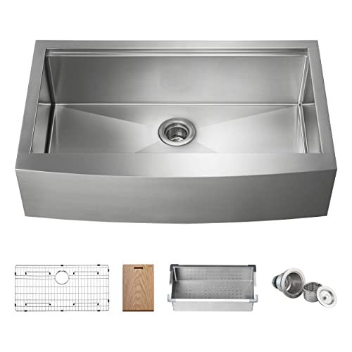 KIBI K1-SF36T Single Bowl Stainless Steel Farmhouse Kitchen Workstation Sink Apron Front 36 inch with Bottom Grid, Strainer, Solid Oak Cutting Board and Colander | 10" Deep Bowl | 3.5" Drain Opening