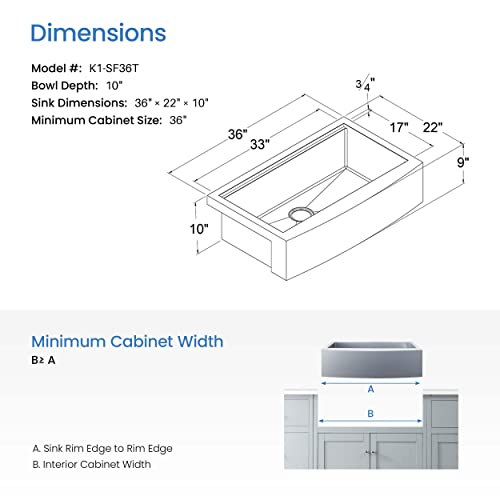 KIBI K1-SF36T Single Bowl Stainless Steel Farmhouse Kitchen Workstation Sink Apron Front 36 inch with Bottom Grid, Strainer, Solid Oak Cutting Board and Colander | 10" Deep Bowl | 3.5" Drain Opening