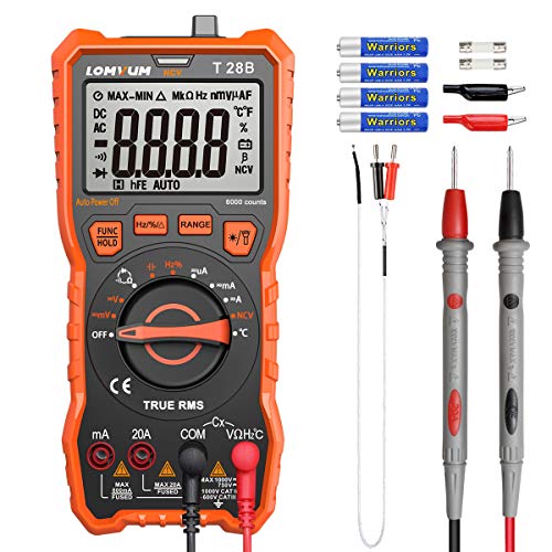 LOMVUM Digital Multimeter, 6000 Counts Auto-Ranging Voltage Tester Meter with Ohm Volt Amp Capacitance Temperature Frequency Diode Backlit LCD and Flashlight