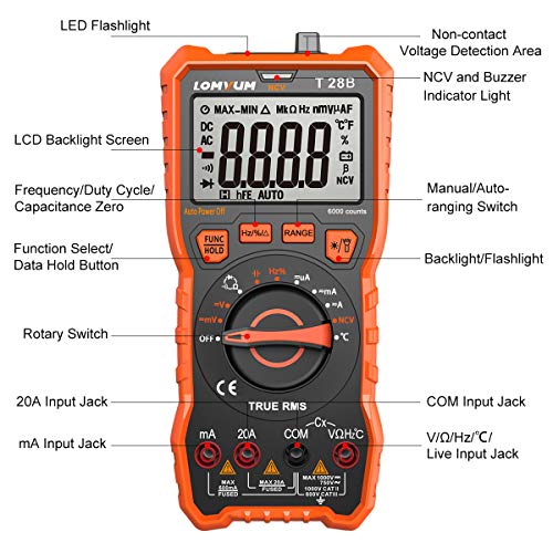 LOMVUM Digital Multimeter, 6000 Counts Auto-Ranging Voltage Tester Meter with Ohm Volt Amp Capacitance Temperature Frequency Diode Backlit LCD and Flashlight