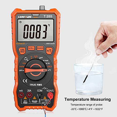 LOMVUM Digital Multimeter, 6000 Counts Auto-Ranging Voltage Tester Meter with Ohm Volt Amp Capacitance Temperature Frequency Diode Backlit LCD and Flashlight