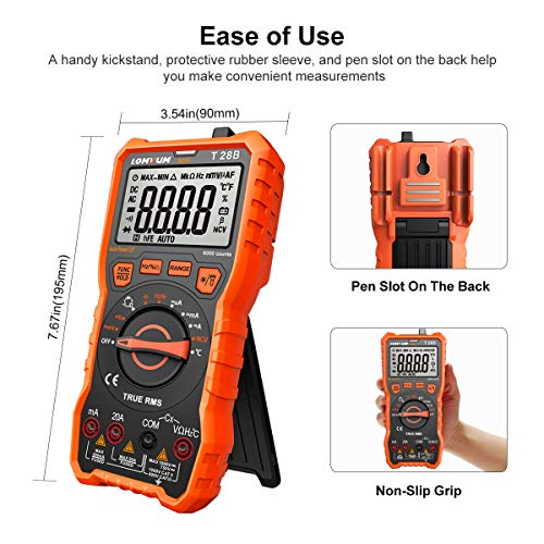 LOMVUM Digital Multimeter, 6000 Counts Auto-Ranging Voltage Tester Meter with Ohm Volt Amp Capacitance Temperature Frequency Diode Backlit LCD and Flashlight