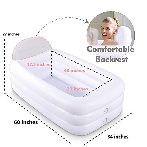 HIWENA Inflatable Portable Bathtub, White Durable Soaking Bath Tub with Large Backrest, Freestanding Inflatable Pool Bathroom Home Spa