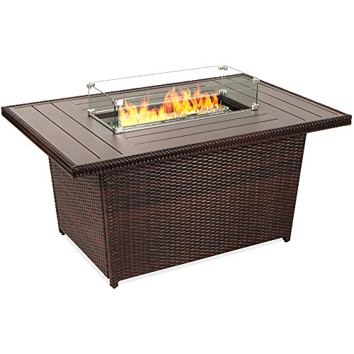 Best Choice Products 52in 50,000 BTU Outdoor Wicker Patio Propane Gas Fire Pit Table w/Aluminum Tabletop, Glass Wind Guard, Clear Glass Rocks, Cover, Slide Out Tank Holder, and Lid - Brown