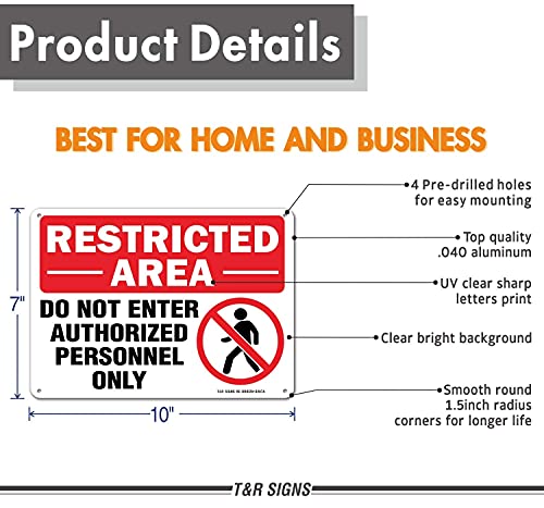 Restricted Area Do Not Enter Authorized Personnel Only Sign - 2 Pack - 10 x 7 Inches Rust Free .040 Aluminum - UV Protected, Waterproof, Weatherproof and Fade Resistant - 4 Pre-drilled Holes