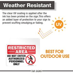 Restricted Area Do Not Enter Authorized Personnel Only Sign - 2 Pack - 10 x 7 Inches Rust Free .040 Aluminum - UV Protected, Waterproof, Weatherproof and Fade Resistant - 4 Pre-drilled Holes