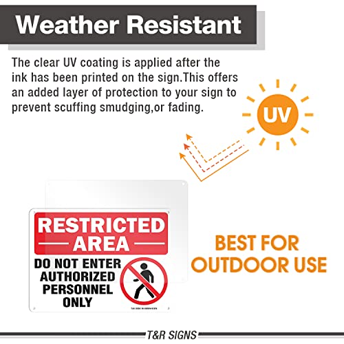 Restricted Area Do Not Enter Authorized Personnel Only Sign - 2 Pack - 10 x 7 Inches Rust Free .040 Aluminum - UV Protected, Waterproof, Weatherproof and Fade Resistant - 4 Pre-drilled Holes