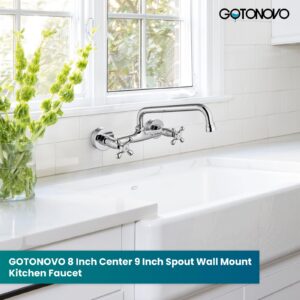 gotonovo Victorian Wall Mount Kitchen Faucet 8 Inch Center Commercial Faucet with 9 Inch Swivel Spout Two Handle Double Cross Chrome Silver