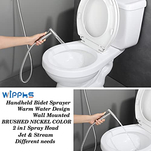 Handheld Bidet Sprayer for Toilet Warm Water, WiPPhs Stainless Steel Brushed Nickel Bidet Hand Held Sprayer with Brass Hot and Cold Mixing Valve, WI9138BN