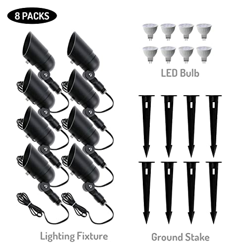 4W LED Landscape Lights Low Voltage Landscape Lighting Spotlights GL103-BKLED8 AC/DC 12V Warm White Waterproof for Driveway,Yard, Lawn,Patio,Walls,Trees,Flags,Outdoor Light (Black, 8 Pack)