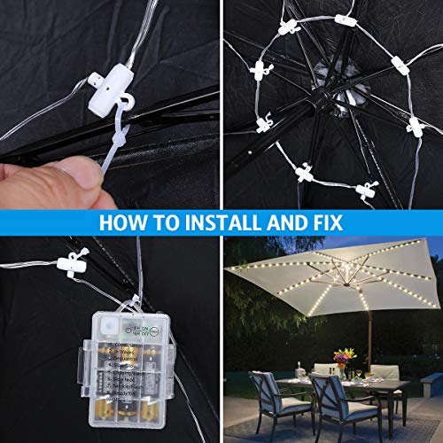 Patio LED Umbrella String Lights, 104 LED String Lights with Remote Control, 8 Lighting Mode Umbrella Lights Battery Operated Waterproof Outdoor Lighting for Patio Umbrellas Camping Tents or Outdoor