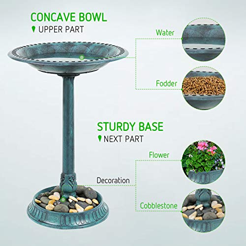 VIVOSUN 2-in-1 Outdoor Garden Bird Bath with Flower Planter Base, Weather-Resistant Garden Décor, 28” High Green