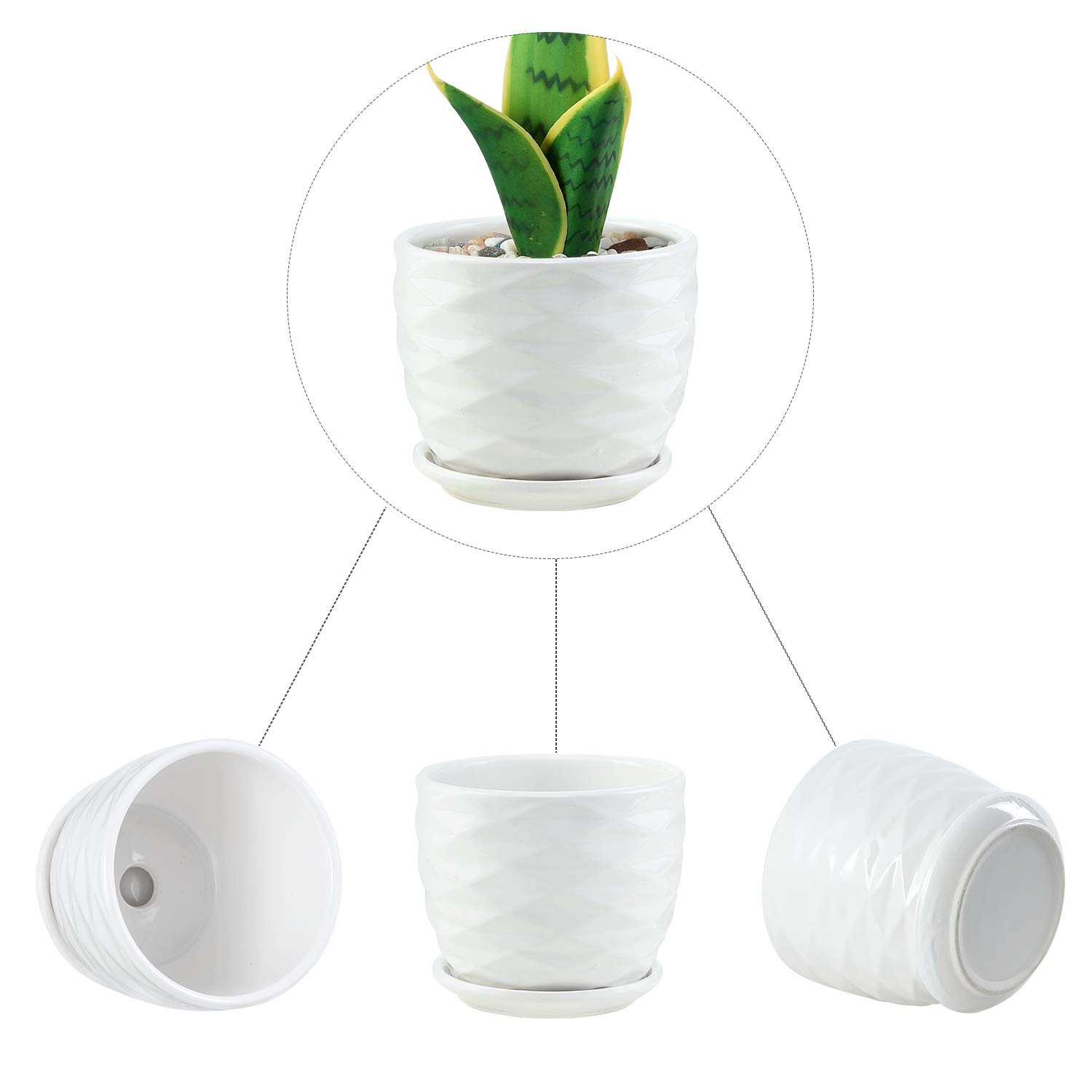 sietpoek Plant Pots - 4.7 Inch Cylinder Ceramic Planters with Connected Saucer, Pots for Succuelnt and Little Snake Plants, Set of 4, White