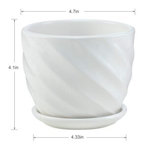 sietpoek Plant Pots - 4.7 Inch Cylinder Ceramic Planters with Connected Saucer, Pots for Succuelnt and Little Snake Plants, Set of 4, White