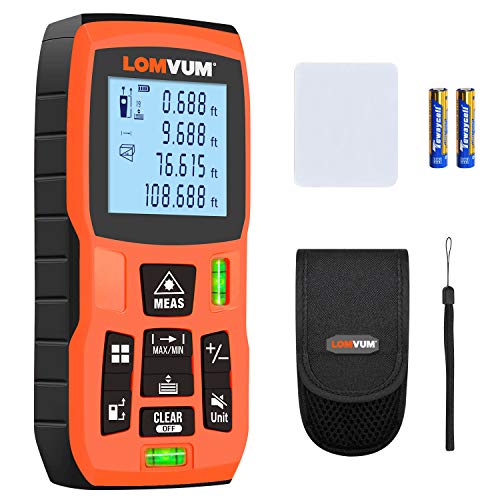 Laser Measure 393Ft - LOMVUM Laser Tape Measure Laser Measurement Tool with M/in/Ft Unit Switching, Backlit LCD, Pythagorean Mode, Measure Distance, Area and Volume - Carry Pouch and Battery Included