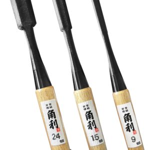 KAKURI Japanese Wood Chisel Set 3 Piece for Woodworking, Made in JAPAN, Japanese Oire Nomi for Carve, Mortise, Dovetail, Sharp Japanese Carbon Steel Blade, White Oak Wood Handle