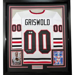 framed autographed/signed chevy chase 33x42 clark griswold christmas vacation movie chicago white hockey jersey beckett bas coa