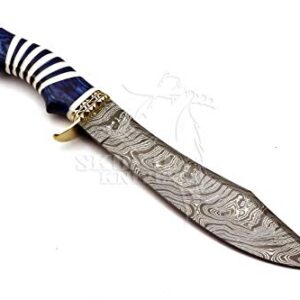 Skokie Knives Custom Hand Made Damascus Steel Hunting Bowie Knife Handle Camel Bone (Blue)