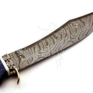 Skokie Knives Custom Hand Made Damascus Steel Hunting Bowie Knife Handle Camel Bone (Blue)