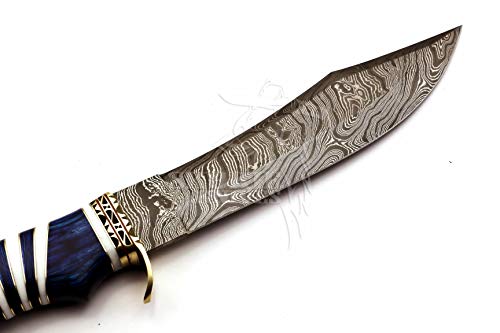 Skokie Knives Custom Hand Made Damascus Steel Hunting Bowie Knife Handle Camel Bone (Blue)