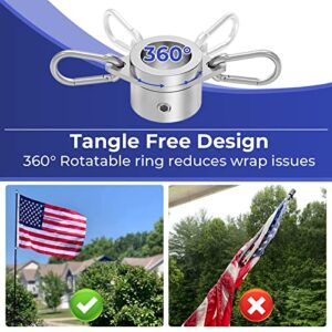 YARKOR Flag Pole Rings 2 Pcs, Aluminum Alloy Flag Pole Clips, 360° Rotating Anti-Wrap Flagpole Flag Mounting Rings, Spinning Flag Pole Kit with Carabiner for 0.75-1.02 Inch Diameter Flagpole, Silver