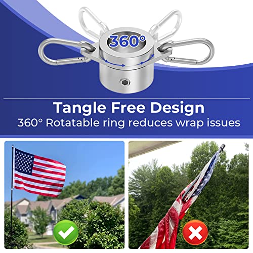 YARKOR Flag Pole Rings 2 Pcs, Aluminum Alloy Flag Pole Clips, 360° Rotating Anti-Wrap Flagpole Flag Mounting Rings, Spinning Flag Pole Kit with Carabiner for 0.75-1.02 Inch Diameter Flagpole, Silver