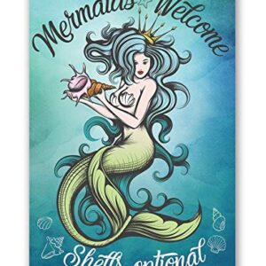 Metal Sign - Mermaids Welcome Shells Optional - Hanging Mermaid Wall Art Metal Sign - Use Indoor/Outdoor Your Home - Girl Mermaid Decor - Mermaid Room Decor For Girls Bedroom and Bathroom (8" x 12")