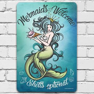 metal sign - mermaids welcome shells optional - hanging mermaid wall art metal sign - use indoor/outdoor your home - girl mermaid decor - mermaid room decor for girls bedroom and bathroom (8" x 12")