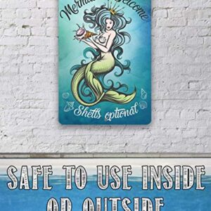 Metal Sign - Mermaids Welcome Shells Optional - Hanging Mermaid Wall Art Metal Sign - Use Indoor/Outdoor Your Home - Girl Mermaid Decor - Mermaid Room Decor For Girls Bedroom and Bathroom (8" x 12")