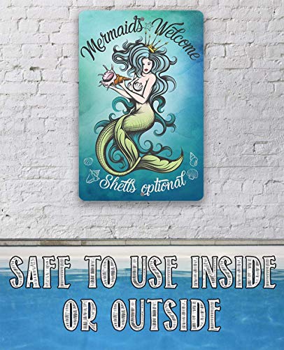 Metal Sign - Mermaids Welcome Shells Optional - Hanging Mermaid Wall Art Metal Sign - Use Indoor/Outdoor Your Home - Girl Mermaid Decor - Mermaid Room Decor For Girls Bedroom and Bathroom (8" x 12")