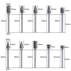 Double Cut Carbide Rotary Burr Set - 10 Pcs 1/8" Shank, 1/4" Head Length Tungsten Steel for Woodworking,Drilling, Metal Carving, Engraving, Polishing