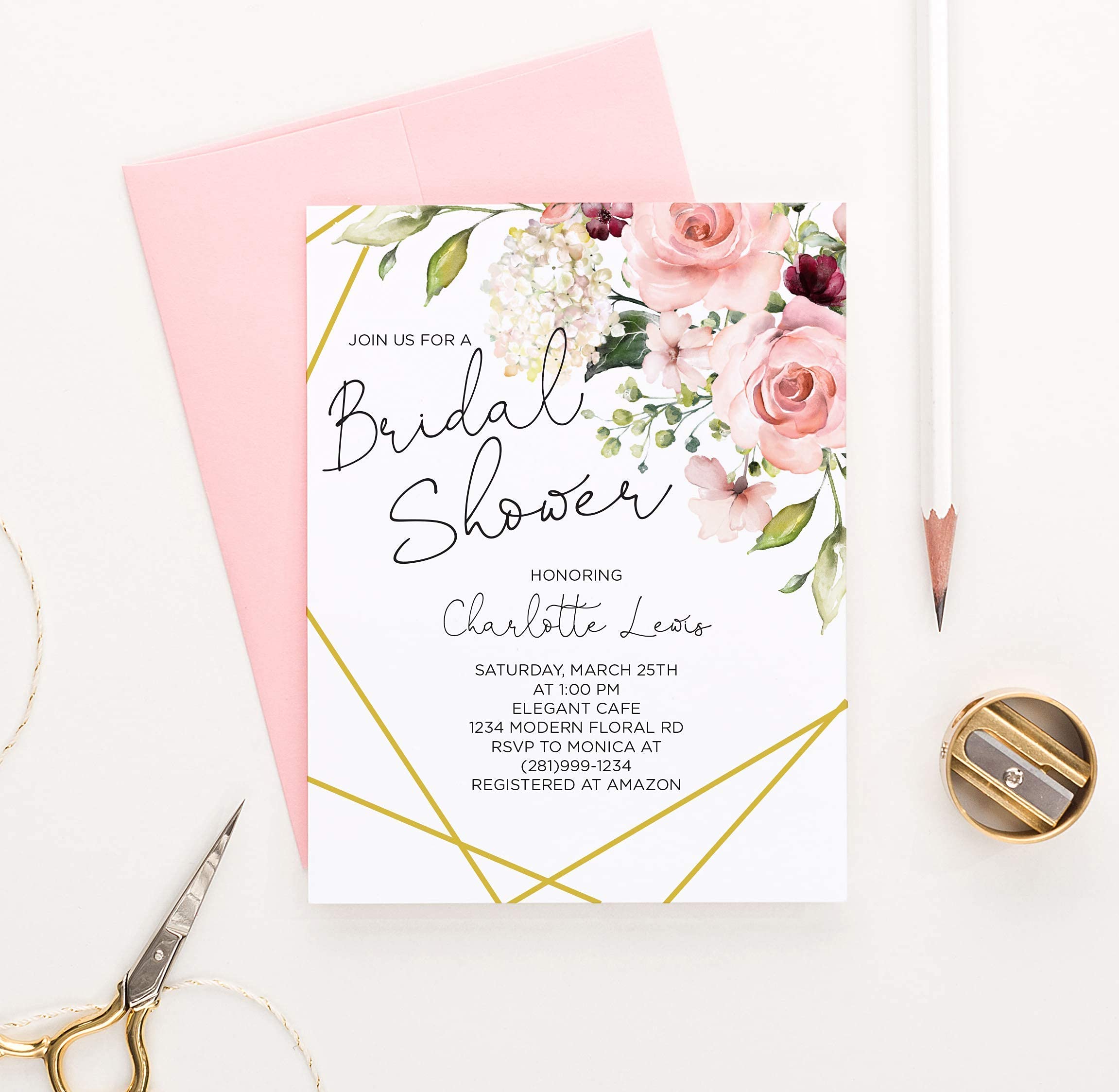 Floral Bridal Shower Invitations, Elegant Bridal Shower Invitations, Your choice of Quantity and Envelope Color