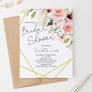 Floral Bridal Shower Invitations, Elegant Bridal Shower Invitations, Your choice of Quantity and Envelope Color