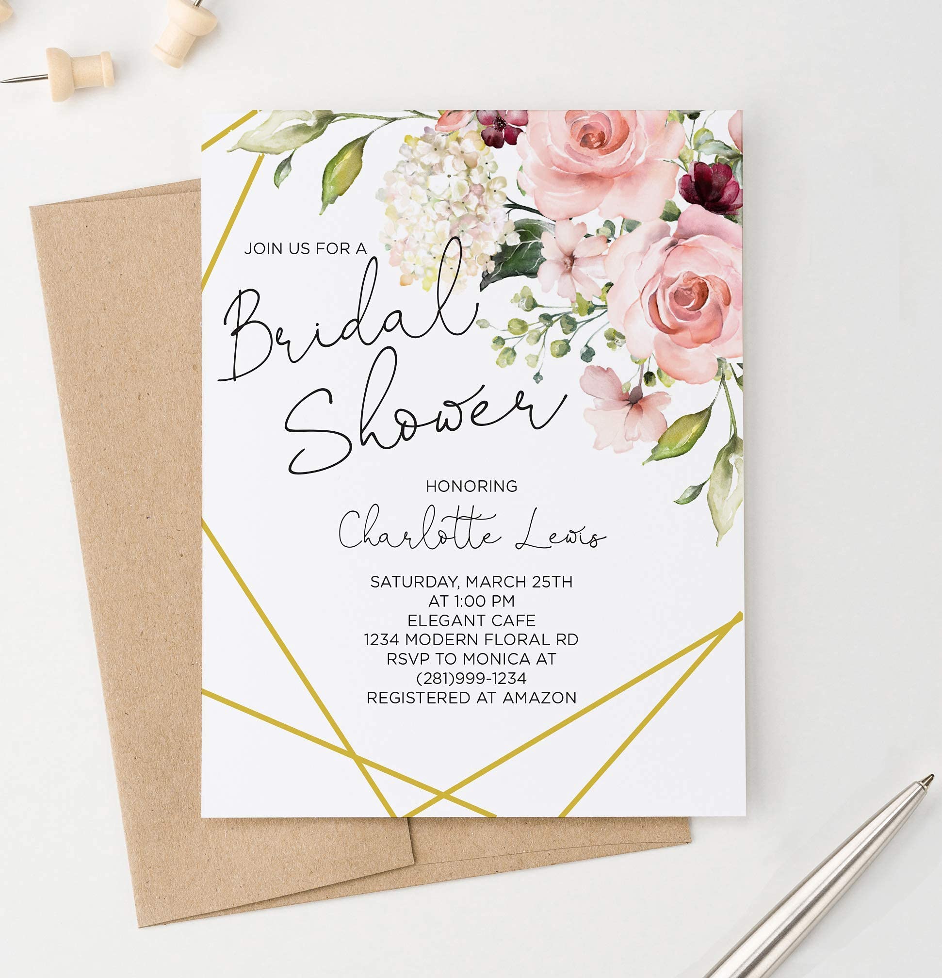 Floral Bridal Shower Invitations, Elegant Bridal Shower Invitations, Your choice of Quantity and Envelope Color